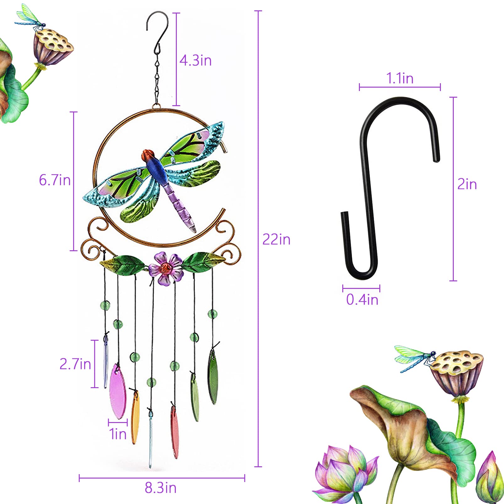 Wind Chimes for Outdoor Garden Patio Decor, Birthday Memorial Gifts for Women Mom Grandma Wife Daughter, 22" Metal Dragonfly Windchimes Hanging Outside Yard Balcony Porch Backyard