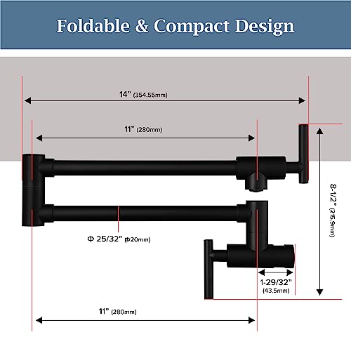 Sonnet Designs Pot Filler Faucet - Wall Mount Kitchen Sink Faucet - Heavy-Duty Solid Brass Pot Filler with Dual Swing Joints, Dual Valve, & Neoperl Aerator - Matte Black Kitchen Faucet