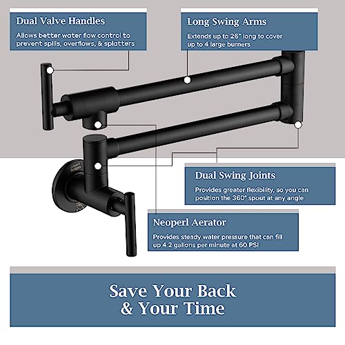 Sonnet Designs Pot Filler Faucet - Wall Mount Kitchen Sink Faucet - Heavy-Duty Solid Brass Pot Filler with Dual Swing Joints, Dual Valve, & Neoperl Aerator - Matte Black Kitchen Faucet