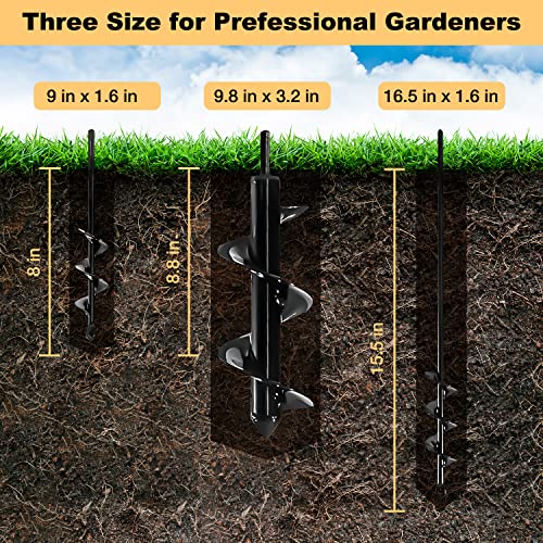 Auger Drill Bit for Planting of 3 Pack (1.6''x9'' & 1.6''x16.5'' & 3.1''x9.8'') - Post Hole Digger for 3/8" Hex Drive Drill with Gloves, Garden Auger Spiral Drill Bit for Bed Cultivat Seedl Dig Weed