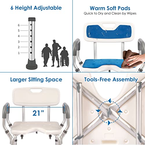 Shower Chair with Arms and Back Heavy Duty 330lbs, Shower Chair for Inside Shower, Shower Seat for Inside Shower Bathroom Chair with Cutout Seat & Cold-Proof Pads, Tools-Free Assembly