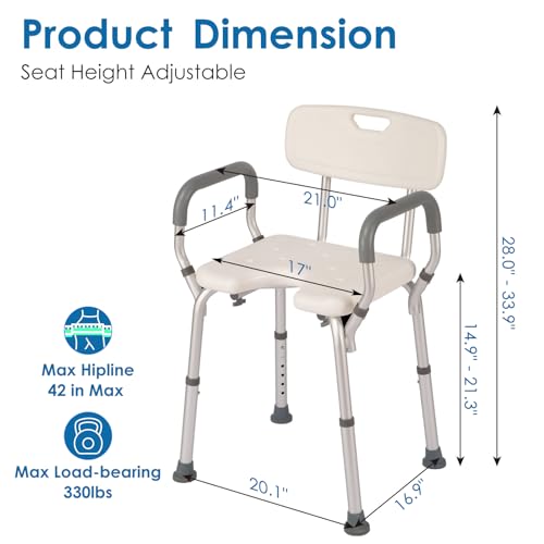 Shower Chair with Arms and Back Heavy Duty 330lbs, Shower Chair for Inside Shower, Shower Seat for Inside Shower Bathroom Chair with Cutout Seat & Cold-Proof Pads, Tools-Free Assembly