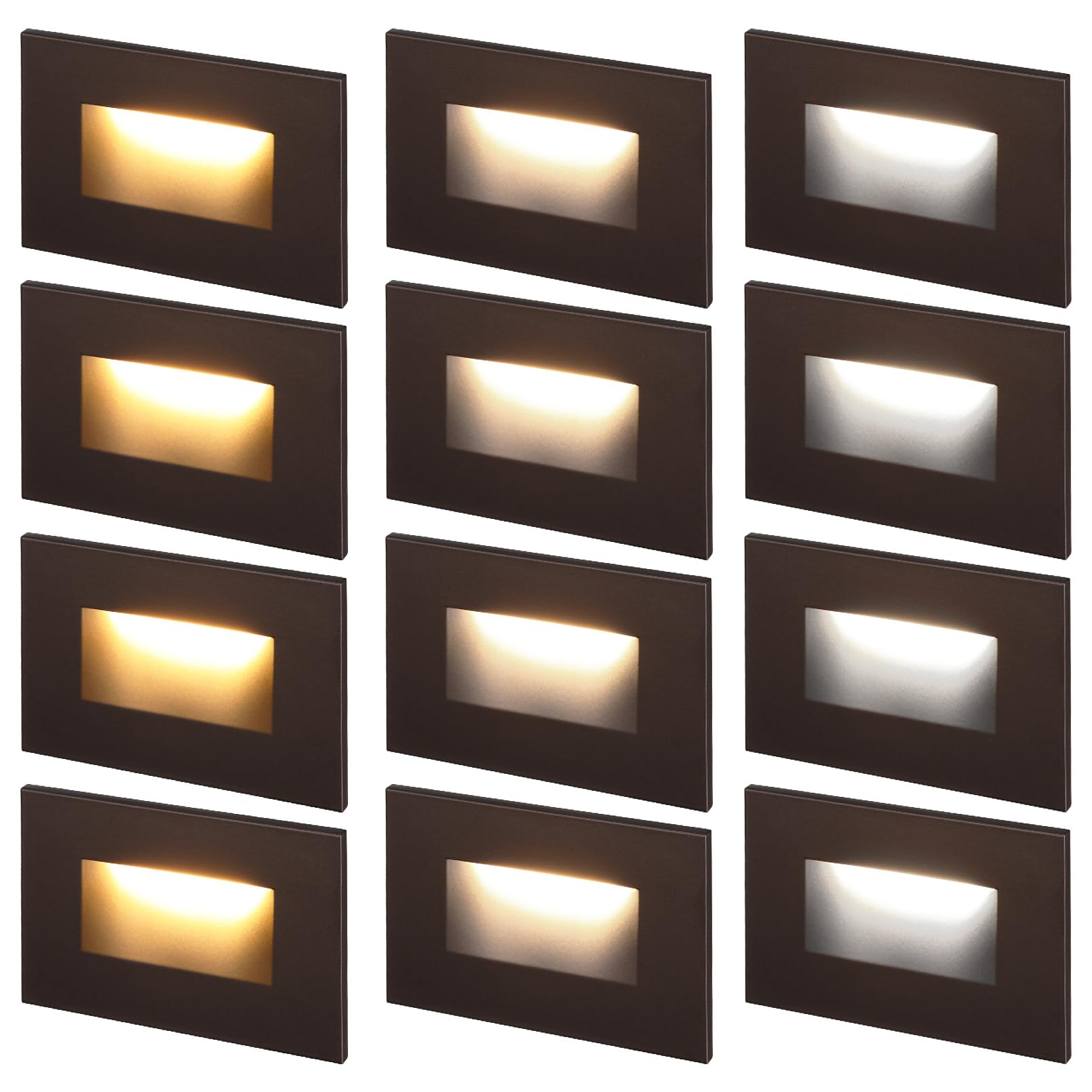 LEONLITE 12-Pack Premium Series 3CCT 120V LED Step Lights, Dimmable 3.5W Indoor Outdoor Stair Light, 3000K/4000K/5000K Selectable, CRI90, 150LM, ETL, Horizontal, IP65, Aluminum, Oil Rubbed Bronze