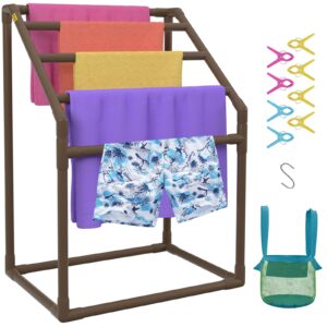 vevor pool towel rack, 5 bar, brown, freestanding outdoor pvc trapedozal poolside storage organizer, include 8 towel clips, mesh bag, hook, also stores floats and paddles, for beach, swimming pool