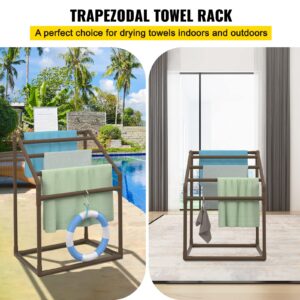 VEVOR Pool Towel Rack, 5 Bar, Brown, Freestanding Outdoor PVC Trapedozal Poolside Storage Organizer, Include 8 Towel Clips, Mesh Bag, Hook, Also Stores Floats and Paddles, for Beach, Swimming Pool