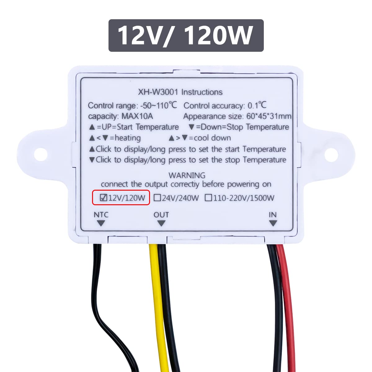 4 PCS XH-W3001 Thermostat Switch Digital LED Temperature Controller with Waterproof Probe Heating Cooling Electronic Programmable Thermostat DC12V 10A 120W Range from -50℃ to 110℃