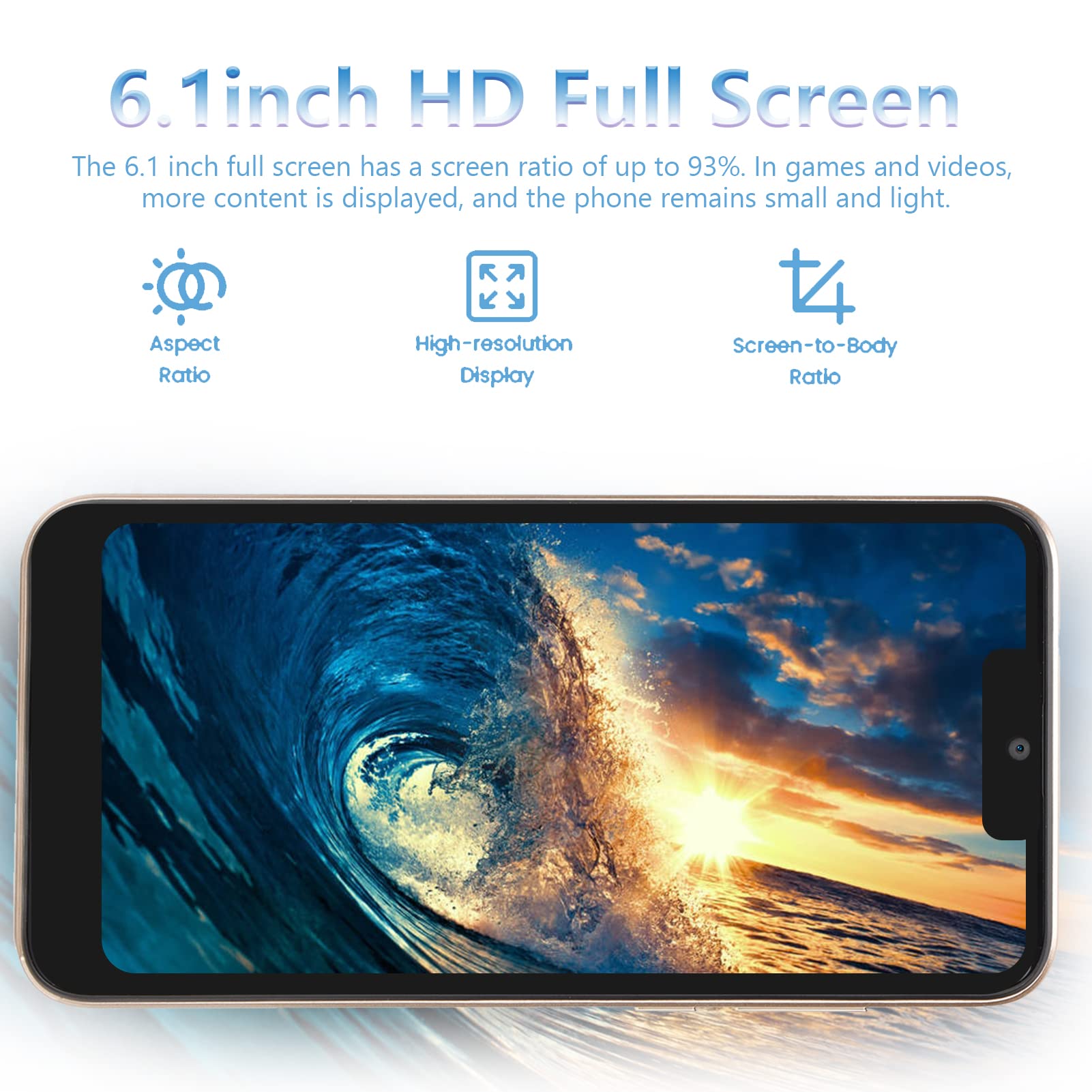 GOWENIC Unlocked Cell Phone, 6.1 Inch Android Smartphone, HD 8MP+5MP Camera Dual Sim Dual Standby,3GB+32GB Support 128GB Expansion Card, Face Recognition, 2800mAh(Or)