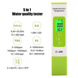 Pissente Water Tester, C 100 5 in 1 Salinity Tester, Multi Usage Temperature EC Seawater Tester, Plastic Digital Water Quality Tester with Backlight for Aquariums Water, 6.3 x 1.3 x 0.6 in