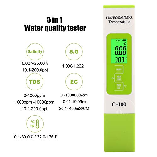 Pissente Water Tester, C 100 5 in 1 Salinity Tester, Multi Usage Temperature EC Seawater Tester, Plastic Digital Water Quality Tester with Backlight for Aquariums Water, 6.3 x 1.3 x 0.6 in