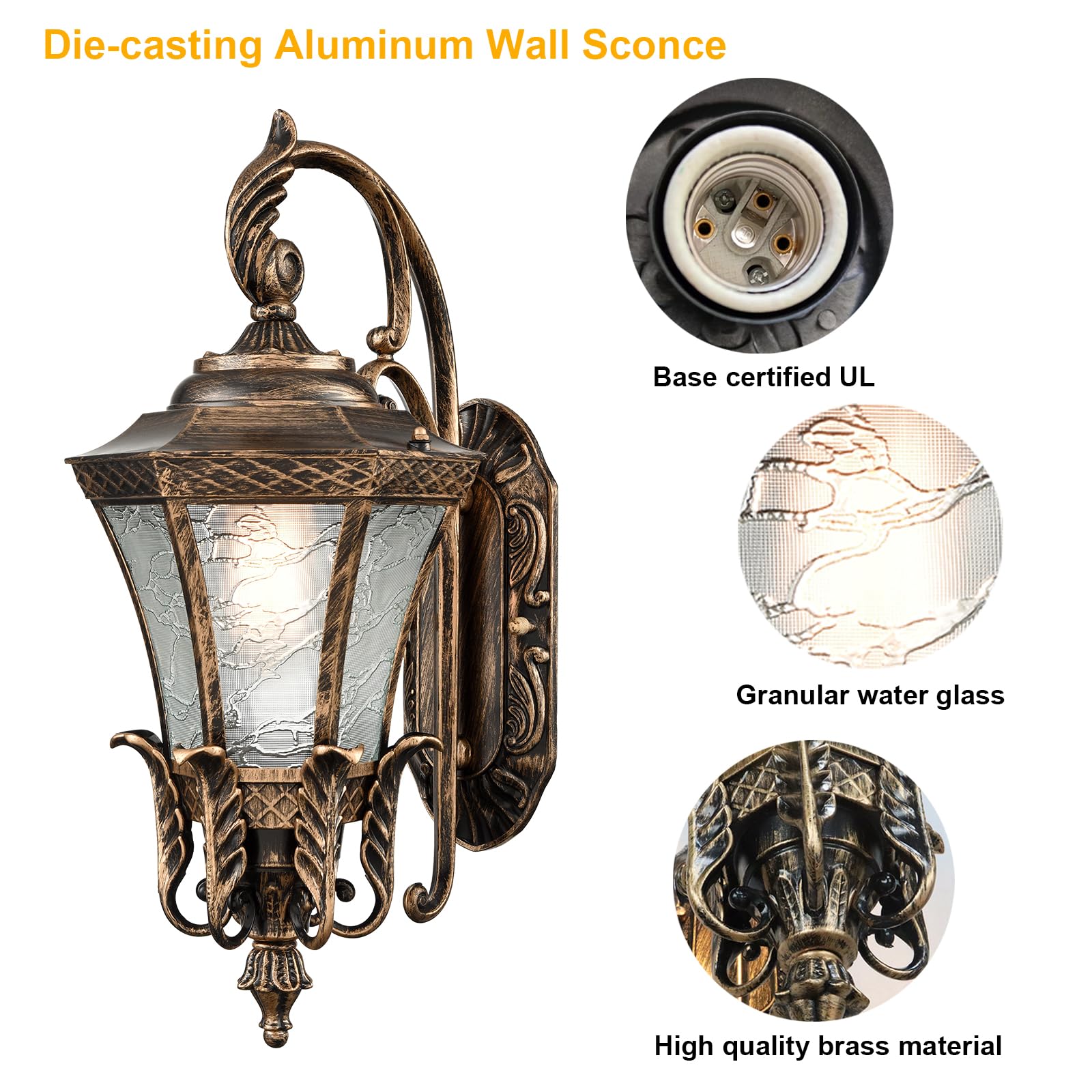 AXILAND Black and Gold Sconces Wall Lighting, 20.87" H Exterior Wall Light Fixture, Waterproof Aluminium with Glass Outdoor Lanterns for Front Porch Patio Garage Hallway