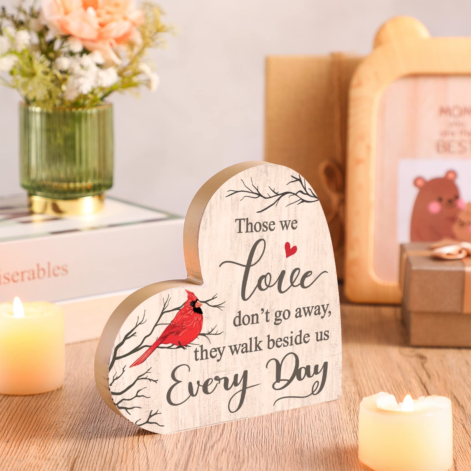 Sympathy Gift Memorial Heart Present for Loss of Loved One Wooden Remembrance Bereavement Gift Condolence Sign Loss of Father Mother Son Brother Decor 6.3 x 6 x 0.7 Inches (Cardinal Style)