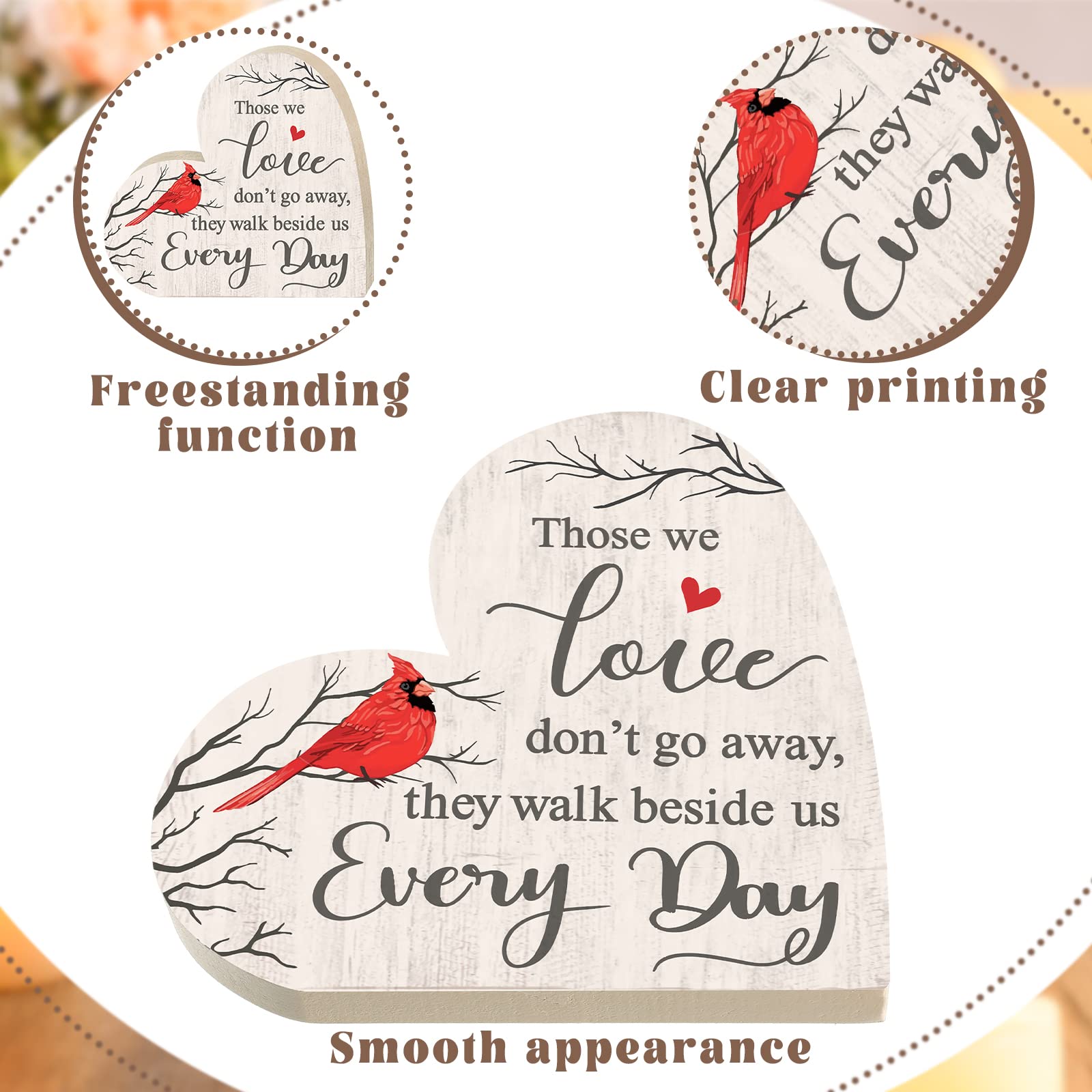 Sympathy Gift Memorial Heart Present for Loss of Loved One Wooden Remembrance Bereavement Gift Condolence Sign Loss of Father Mother Son Brother Decor 6.3 x 6 x 0.7 Inches (Cardinal Style)