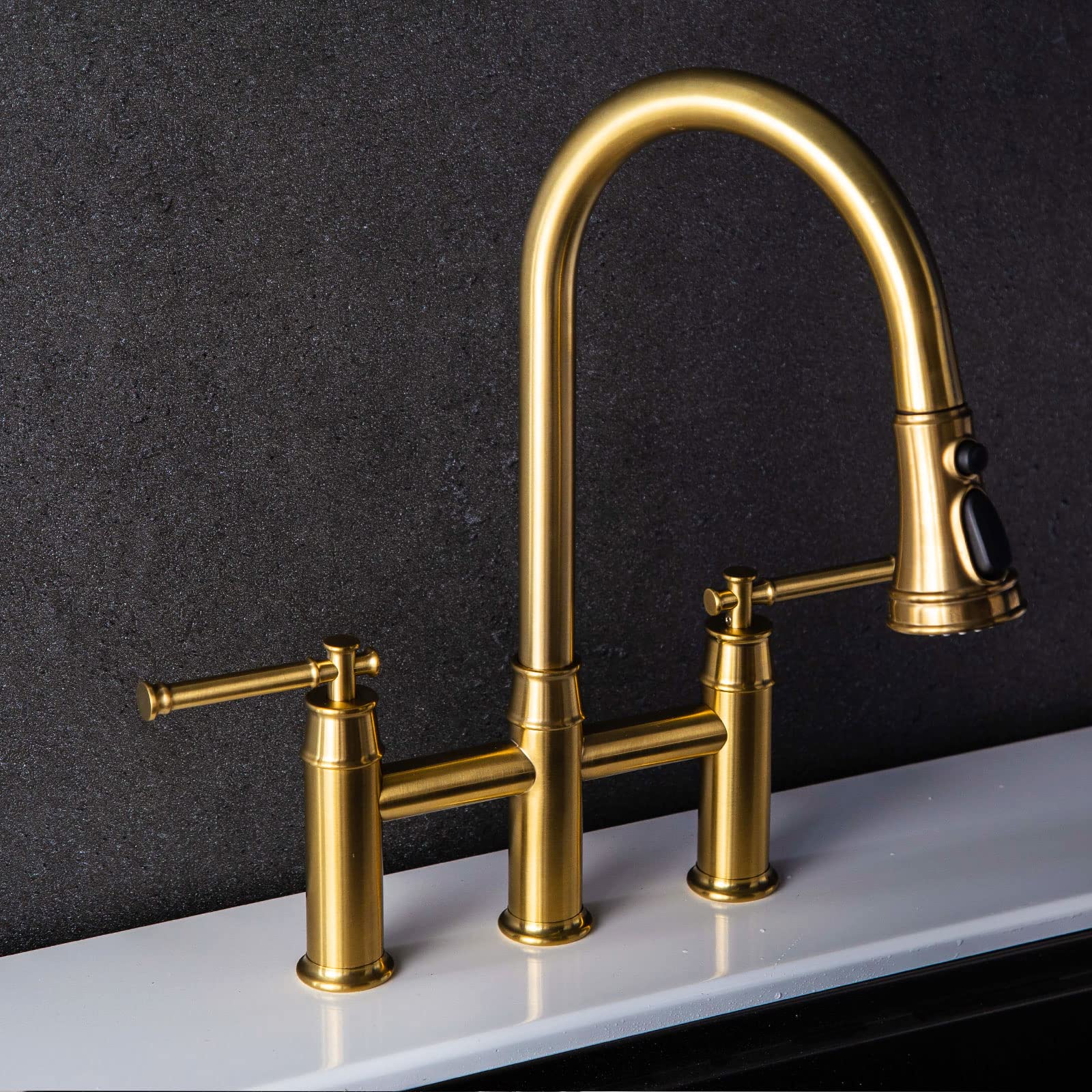 Brushed Gold Bridge Kitchen Faucet with Pull Down Sprayer, Lava Odoro Transitional Brass Kitchen Sink Faucet 3 Hole 2 Handle Spot-Resistant, Lead-Free, KF501-SG