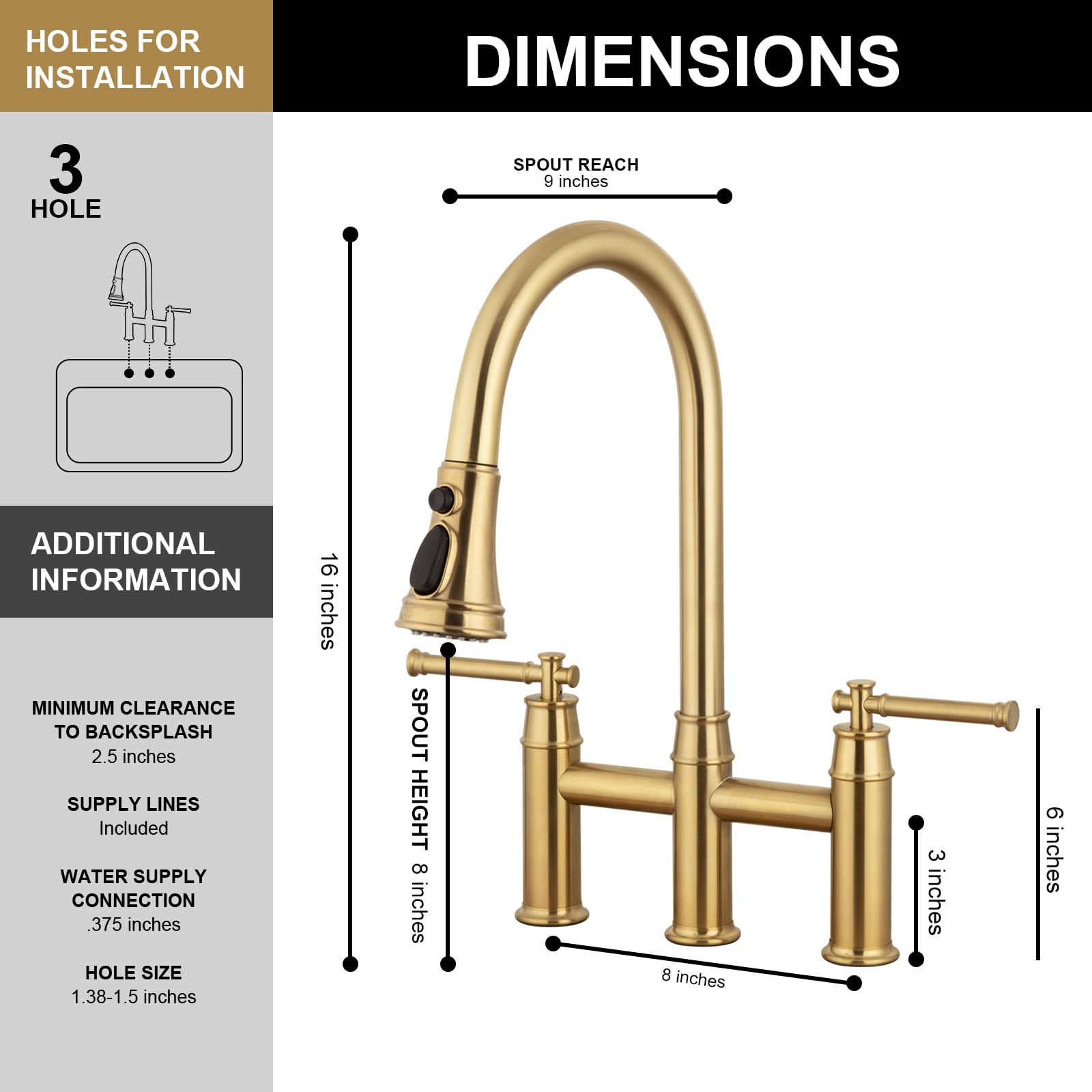 Brushed Gold Bridge Kitchen Faucet with Pull Down Sprayer, Lava Odoro Transitional Brass Kitchen Sink Faucet 3 Hole 2 Handle Spot-Resistant, Lead-Free, KF501-SG