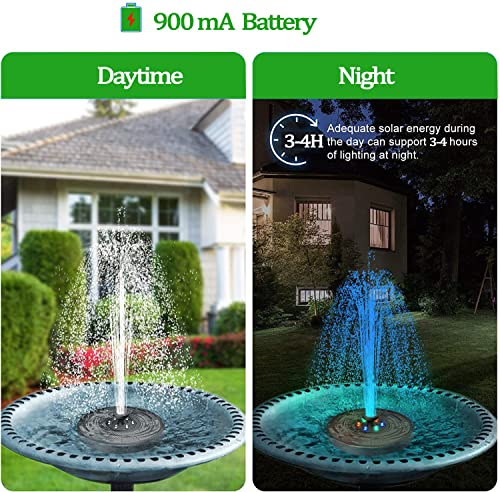 Solar Fountain, Bird Bath Fountains Solar Power Glass Panel with Battery Automatic Power Off After Leaving Water, 3W Solar Fountain Pump for Bird Bath with Color LED Light for Pond, Pool, Outdoor