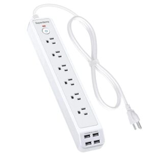 power strip, superdanny 6 outlets 4 usb ports surge protector, wall mountable, 5ft extension cord with hook & loop fastener, charging station for iphone ipad pc home office dorm travel, white