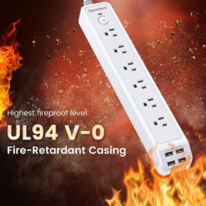 Power Strip, SUPERDANNY 6 Outlets 4 USB Ports Surge Protector, Wall Mountable, 5ft Extension Cord with Hook & Loop Fastener, Charging Station for iPhone iPad PC Home Office Dorm Travel, White