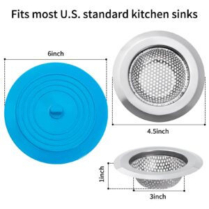 3 Pack Kitchen Sink Strainer Stopper Kit, Universal Silicone Drain Cover, Large Wide Rim 4.5" Stainless Steel Sink Drain Strainer, Food Catcher for Kitchen Sink