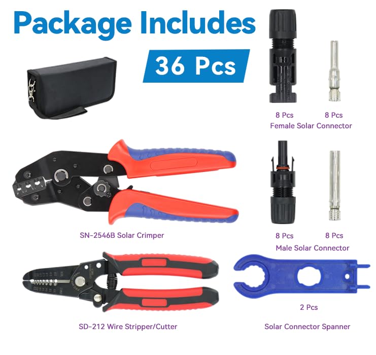 HKS Solar PV Panel Crimping Tool Kit with Crimper Stripper and 8 Pairs Solar connectors and 1Pair Solar Connector Spanner Wrench, Crimper Tool for Solar Cable AWG14-10,2.5/4/6mm²