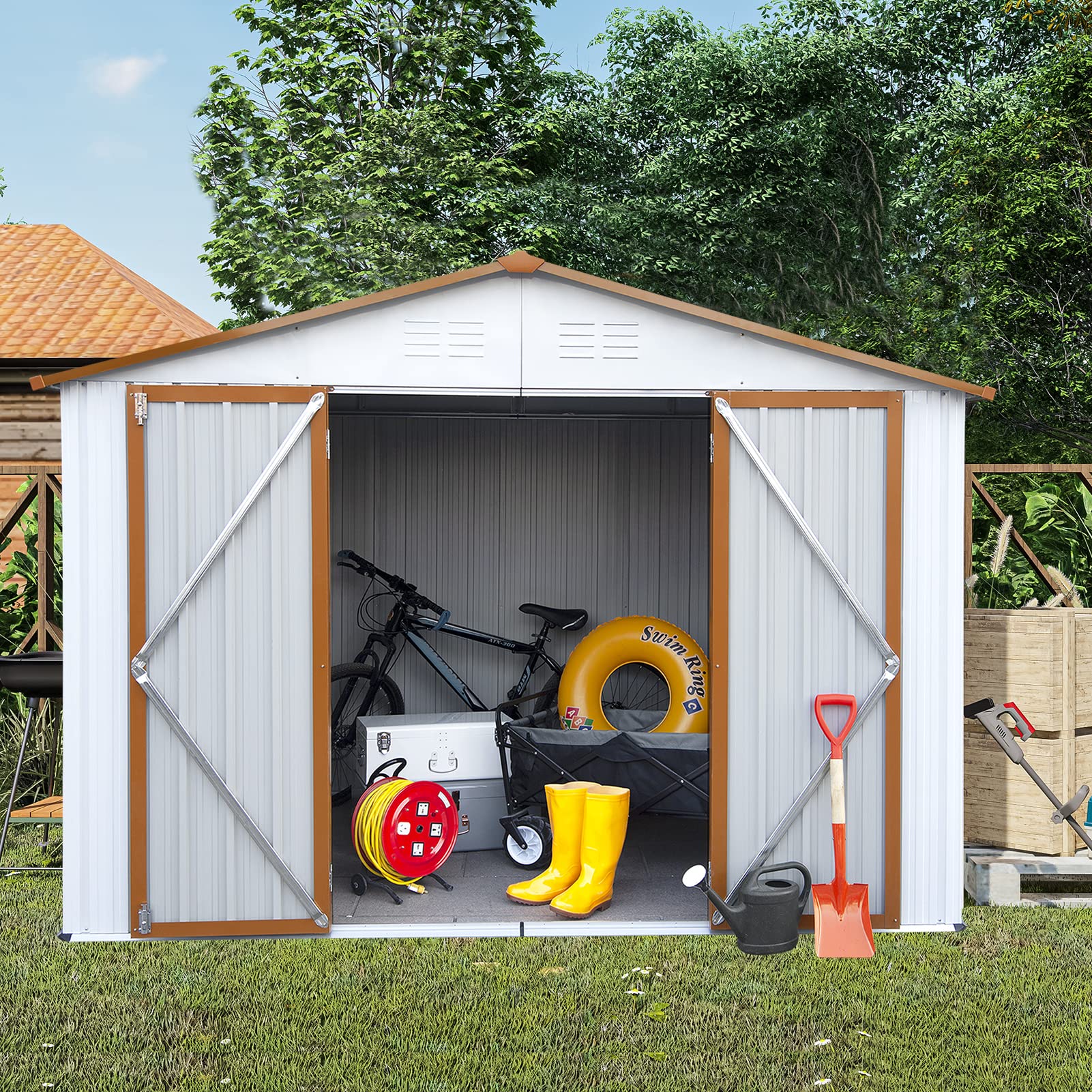 Rophefx Outdoor Storage Shed 5x3 FT Metal Sheds & Outdoor Storage Steel Garden Shed with Lockable Door Tool Storage Shed for Backyard, Patio, Lawn, White & Orange