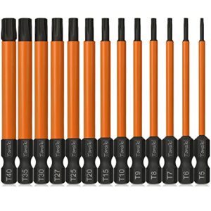 torx bit set, tonsiki 13pcs security torx bit set, tamper resistant star bits set s2 steel, 1/4'' hex shank screwdriver bit with magnetic, 3'' long, t5-t40