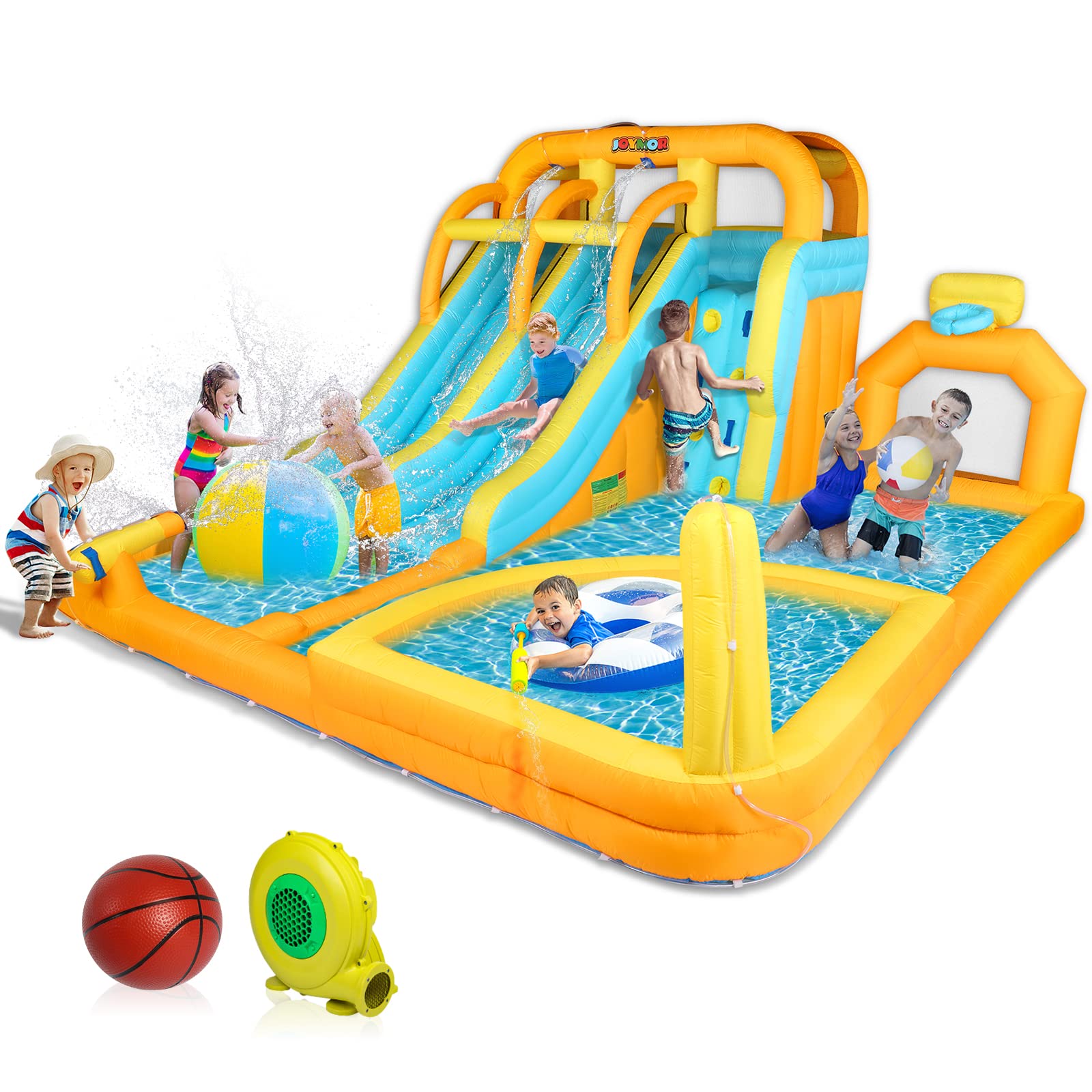 JOYMOR Giant Inflatable Water Slide Park w/Splash & Deep Pool, Double Long Water Slides, Climbing Wall, Blow Up Bounce House for Kids Backyard Party (Included 750w Blower)