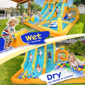 JOYMOR Giant Inflatable Water Slide Park w/Splash & Deep Pool, Double Long Water Slides, Climbing Wall, Blow Up Bounce House for Kids Backyard Party (Included 750w Blower)