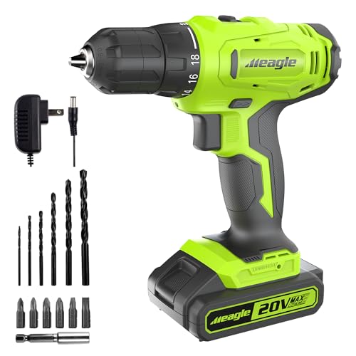 Meagle Cordless Drill, 20V Power Drill set with Battery & charger, 2 Variable Speed Electric Power Drill 18+1 Torque Setting, 3/8” Chuck with Drill Bits& Tool Bag