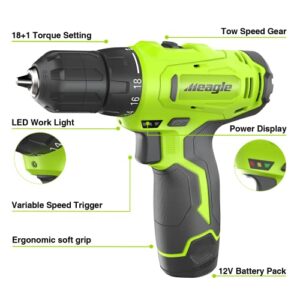 Meagle Cordless Drill, 12V Power Drill set with Battery & charger, 2 Variable Speed Electric Drill 18+1 Torque Setting, 3/8” Chuck with Drill Bits& Tool Bag