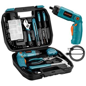 aleapow 124pcs 4v cordless screwdriver tool kit set, 6+1 torque setting, adjustable 3 position, 4nm electric screwdriver, flexible shaft, hand tool kit for home with storage toolbox