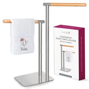 simply glamr hand towel stand for bathroom counter - 304 stainless steel and bamboo hand towel holder stand for 2 towels, modern countertop towel stand with non-slip pads