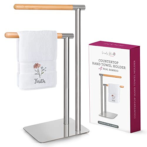 Simply Glamr Hand Towel Stand for Bathroom Counter - 304 Stainless Steel and Bamboo Hand Towel Holder Stand for 2 Towels, Modern Countertop Towel Stand with Non-Slip Pads