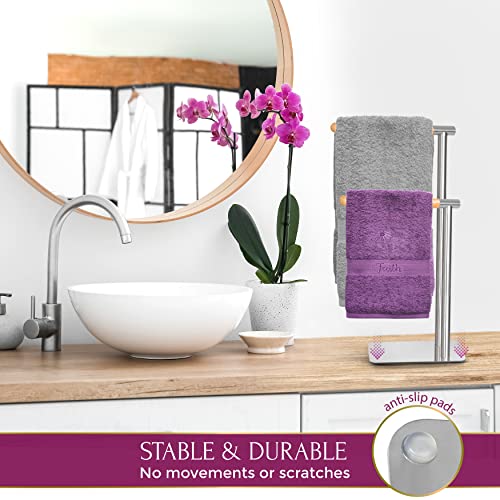 Simply Glamr Hand Towel Stand for Bathroom Counter - 304 Stainless Steel and Bamboo Hand Towel Holder Stand for 2 Towels, Modern Countertop Towel Stand with Non-Slip Pads