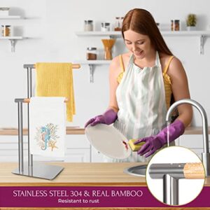 Simply Glamr Hand Towel Stand for Bathroom Counter - 304 Stainless Steel and Bamboo Hand Towel Holder Stand for 2 Towels, Modern Countertop Towel Stand with Non-Slip Pads