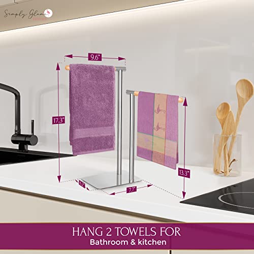 Simply Glamr Hand Towel Stand for Bathroom Counter - 304 Stainless Steel and Bamboo Hand Towel Holder Stand for 2 Towels, Modern Countertop Towel Stand with Non-Slip Pads