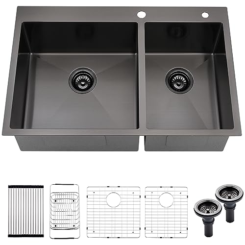 33 Inch Drop In Black Double Bowl Kitchen Sink, Gabhar 33" x 22" 16Gauge Topmount Black Stainless Steel 60/40 Double Bowl Kitchen Sinks