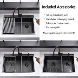 33 Inch Drop In Black Double Bowl Kitchen Sink, Gabhar 33" x 22" 16Gauge Topmount Black Stainless Steel 60/40 Double Bowl Kitchen Sinks