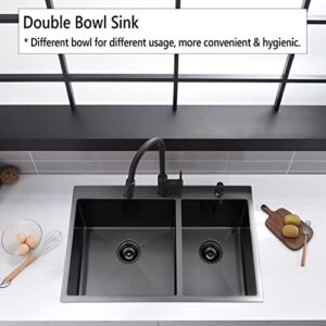 33 Inch Drop In Black Double Bowl Kitchen Sink, Gabhar 33" x 22" 16Gauge Topmount Black Stainless Steel 60/40 Double Bowl Kitchen Sinks