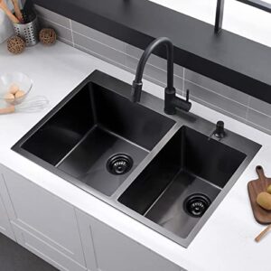 33 Inch Drop In Black Double Bowl Kitchen Sink, Gabhar 33" x 22" 16Gauge Topmount Black Stainless Steel 60/40 Double Bowl Kitchen Sinks