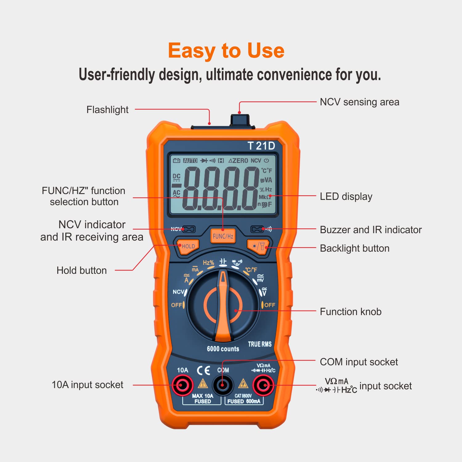 Auto-Ranging Digital Multimeter, TRMS 6000 Counts AC DC Voltmeter Ohm Volt Amp Meter, Electrical Multimeter Tester with NCV, Measure Capacitance Current Resistance Temp Continuity Diode Duty Cycle