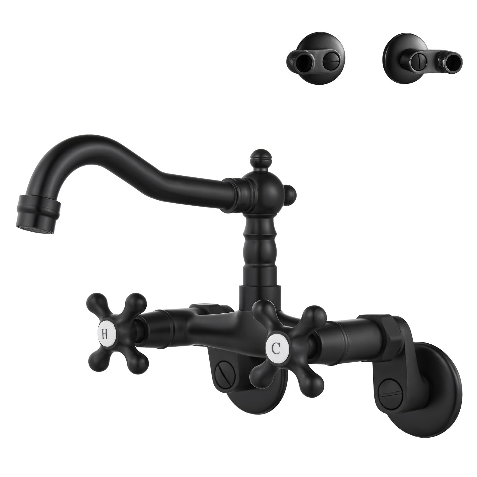 Aolemi Wall Mounted Kitchen Faucet Wall Mount Laundry Sink Faucet,with 2 Cross Handle and 6 Inch Spout,Adjustable Center 3 Inch to 9 Inch,Matte Black