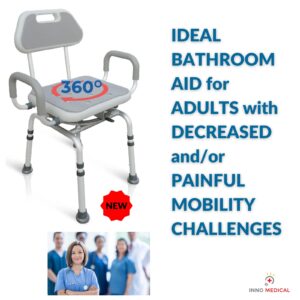 Inno Medical Premium Bathroom Swivel Padded Shower Chair Bath Bench with Back, 360 Degree Swivel Seat with Locking Mechanism and Center Lever for Easy Swivel