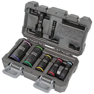 klein tools 66070 impact socket set, impact driver flip socket, five sockets with 1/4-inch hex and 1/2-inch square socket adapters, 7-piece