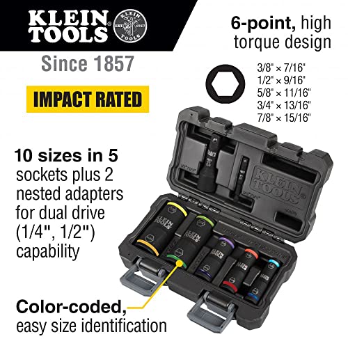 Klein Tools 66070 Impact Socket Set, Impact Driver Flip Socket, Five Sockets with 1/4-Inch Hex and 1/2-Inch Square Socket Adapters, 7-Piece