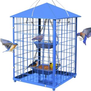 mealworms bird feeders for bluebirds - metal - huge caged squirrel-proof bird feeders with 2 cups, diy wild bird feeders outdoor hanging (blue), attract small birds, 2lbs seed capacity+1 mealworms cup