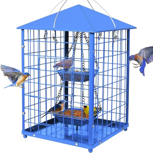 Mealworms Bird Feeders for Bluebirds - Metal - Huge Caged Squirrel-proof Bird Feeders with 2 Cups, DIY Wild Bird Feeders Outdoor Hanging (Blue), Attract Small Birds, 2lbs Seed Capacity+1 Mealworms Cup