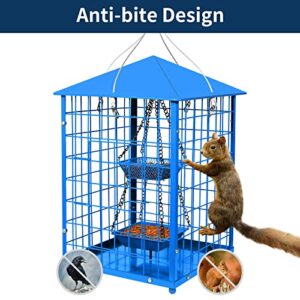 Mealworms Bird Feeders for Bluebirds - Metal - Huge Caged Squirrel-proof Bird Feeders with 2 Cups, DIY Wild Bird Feeders Outdoor Hanging (Blue), Attract Small Birds, 2lbs Seed Capacity+1 Mealworms Cup