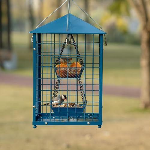 Mealworms Bird Feeders for Bluebirds - Metal - Huge Caged Squirrel-proof Bird Feeders with 2 Cups, DIY Wild Bird Feeders Outdoor Hanging (Blue), Attract Small Birds, 2lbs Seed Capacity+1 Mealworms Cup