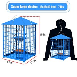 Mealworms Bird Feeders for Bluebirds - Metal - Huge Caged Squirrel-proof Bird Feeders with 2 Cups, DIY Wild Bird Feeders Outdoor Hanging (Blue), Attract Small Birds, 2lbs Seed Capacity+1 Mealworms Cup