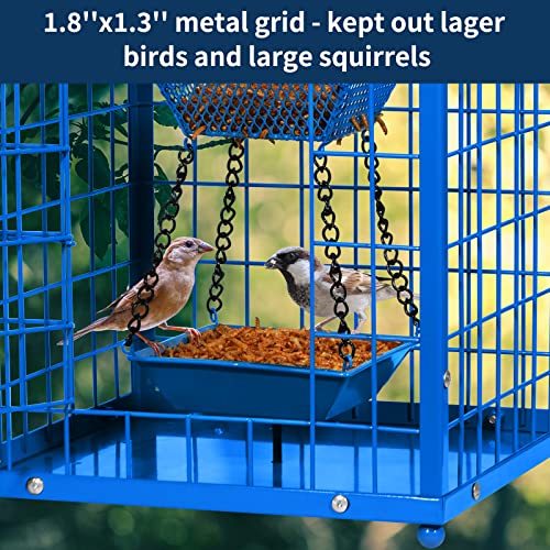 Mealworms Bird Feeders for Bluebirds - Metal - Huge Caged Squirrel-proof Bird Feeders with 2 Cups, DIY Wild Bird Feeders Outdoor Hanging (Blue), Attract Small Birds, 2lbs Seed Capacity+1 Mealworms Cup